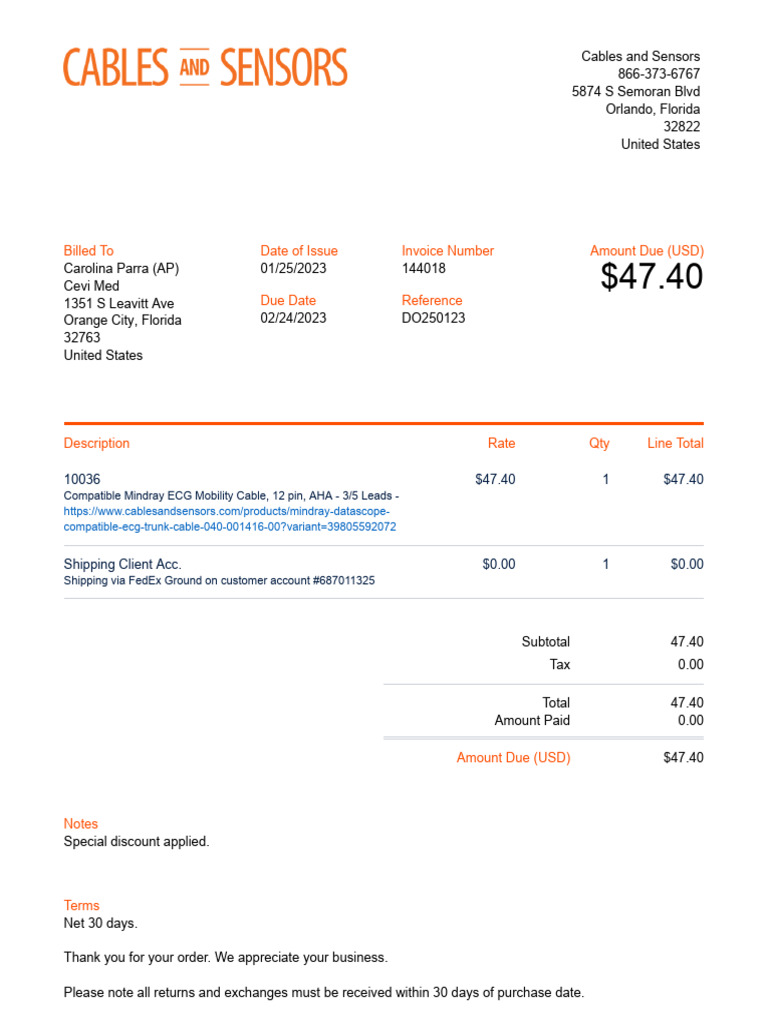 Invoice for Mindray ECG Cable Purchase | PDF
