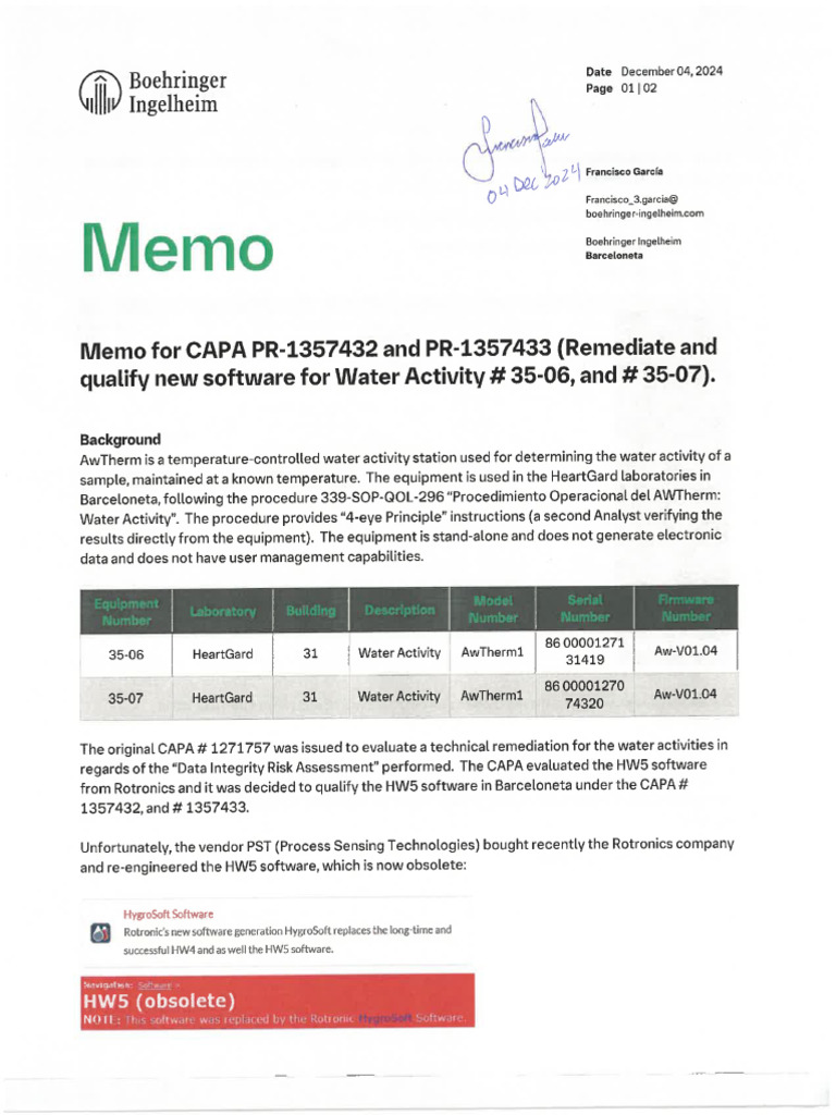 Memo For CAPA PR-1357432 and PR-1357433 (Remediate and Qualify New ...