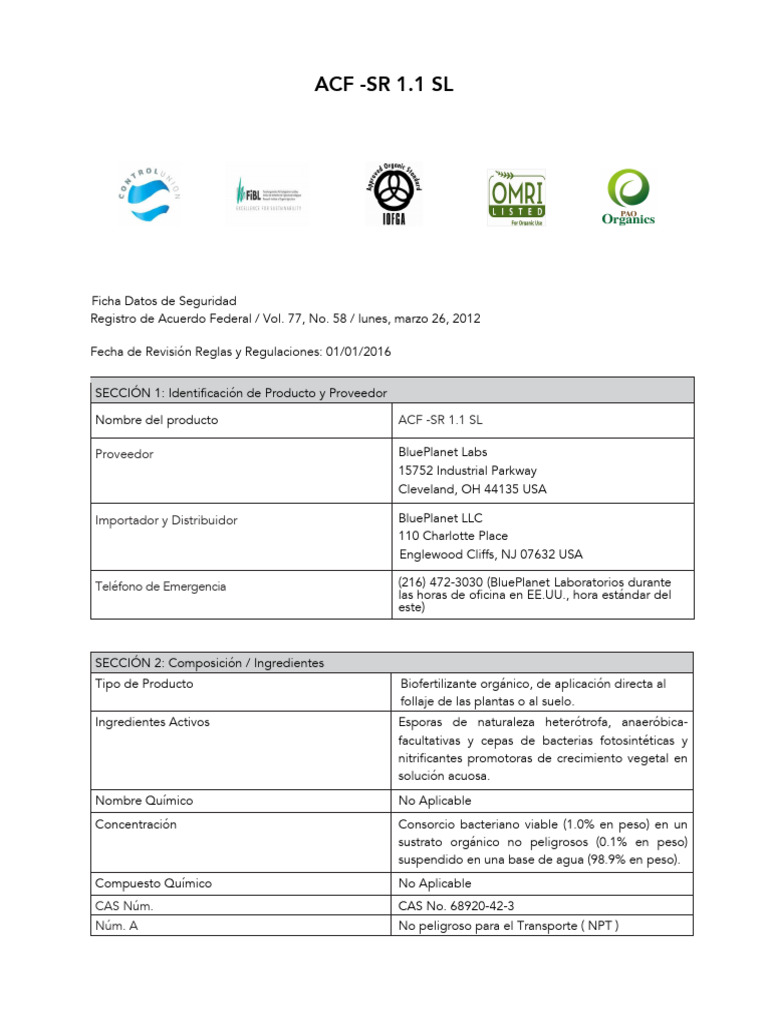 4. Ficha Datos Seguridad-SR (1) | PDF | Agua