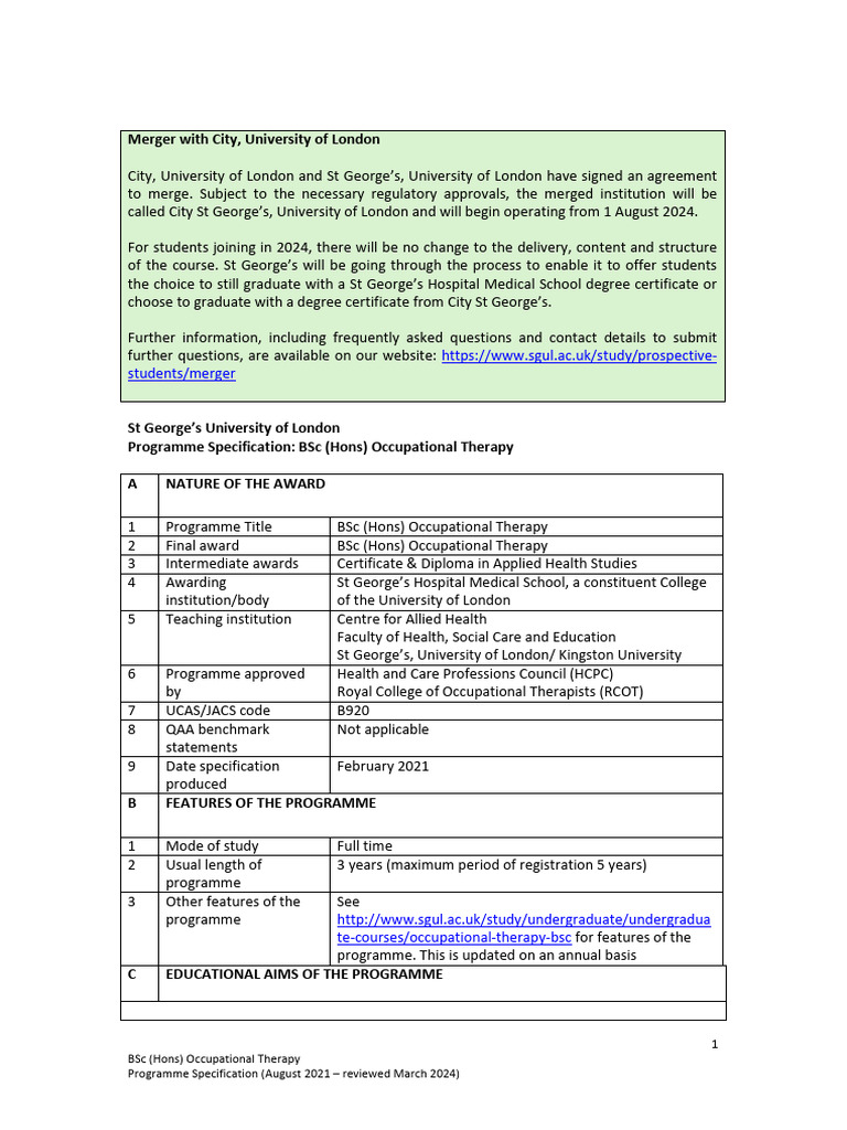 BSC Occupational Therapy Programme Specification | PDF | Occupational ...