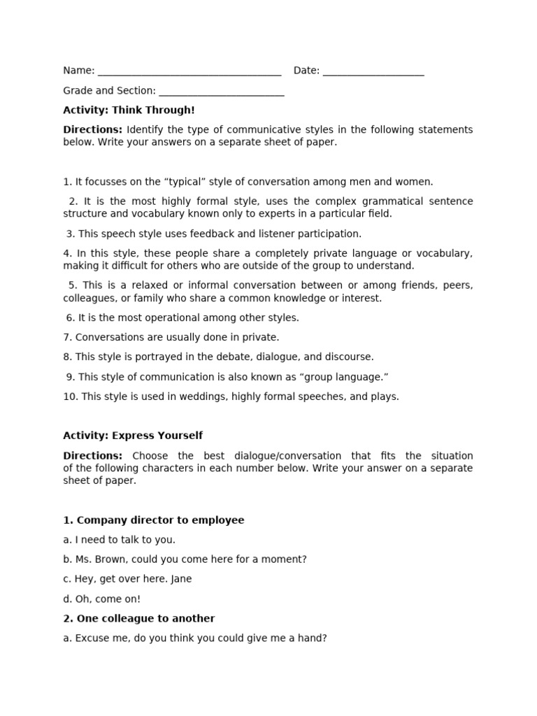 Communicative Styles - Activity Part 2 | PDF | Conversation | Vocabulary