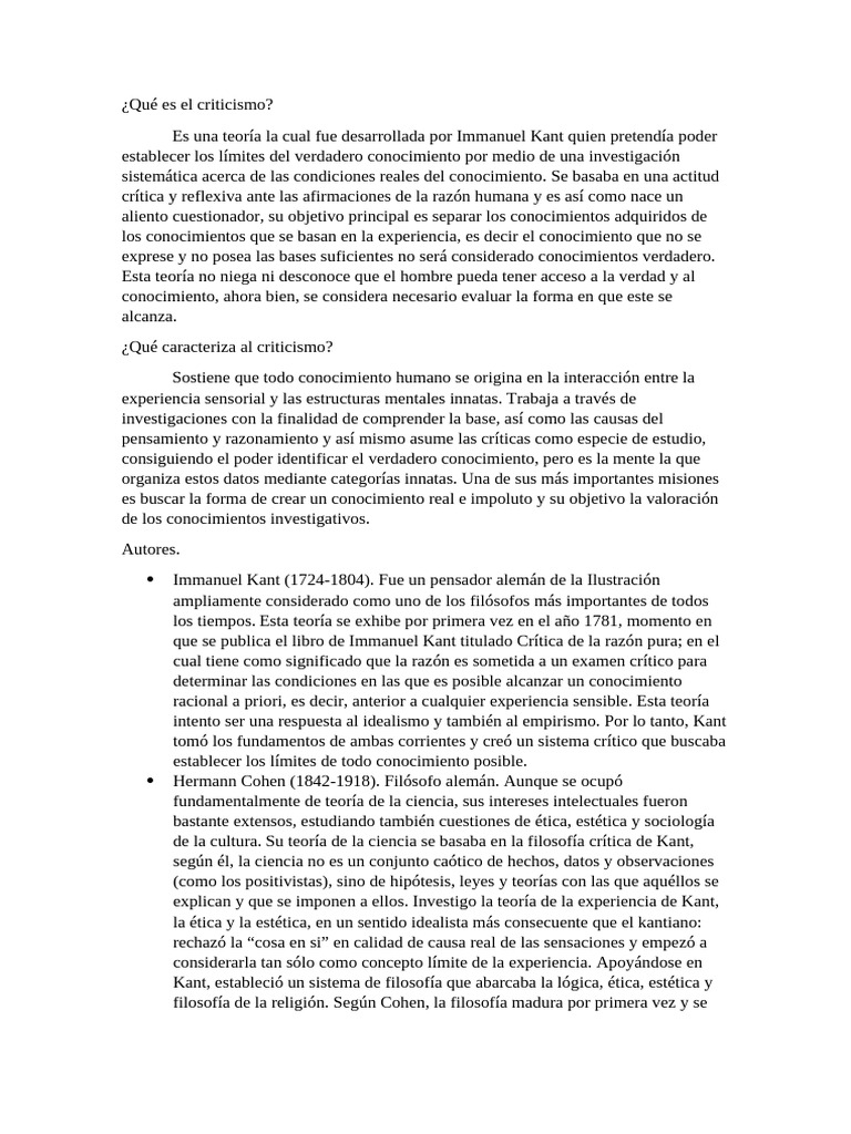 Introducción al Criticismo Kantiano | PDF | Conocimiento | Immanuel Kant
