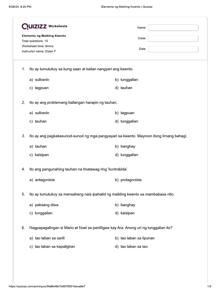 Elemento Ng Maikling Kwento | PDF