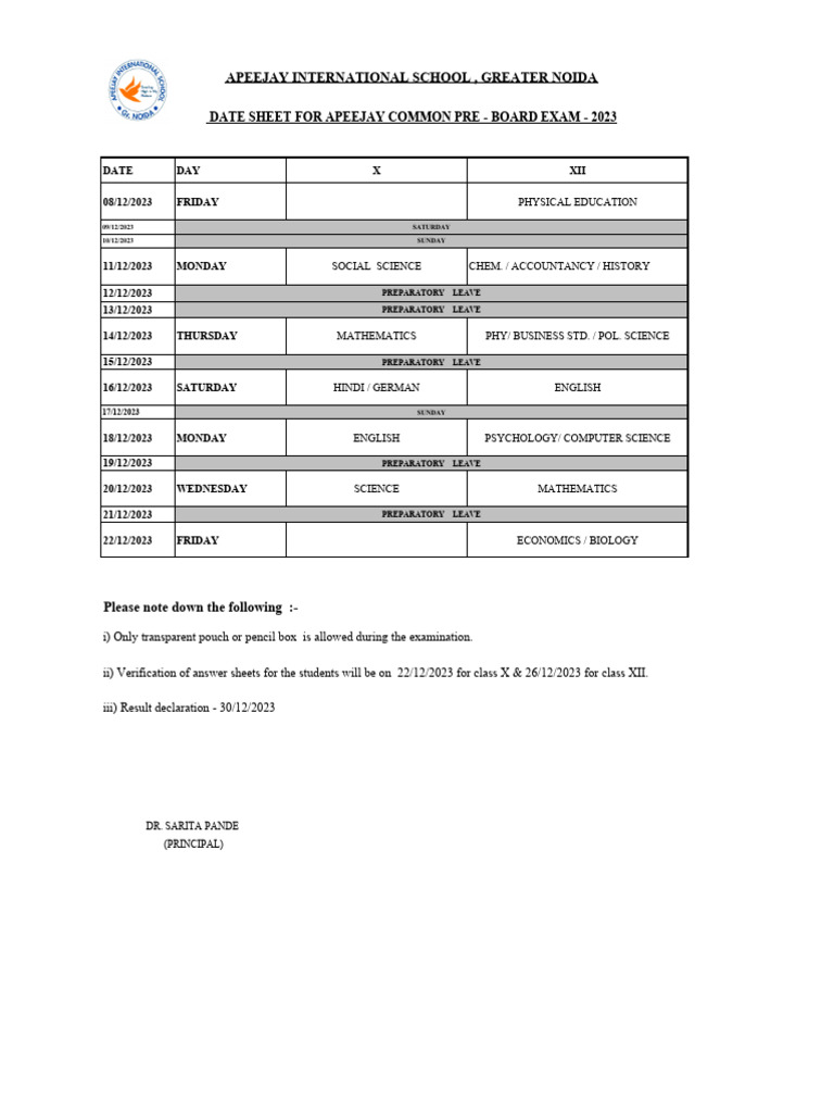 DATE SHEET OF Common Pre - Board EXAM - 2023 | PDF