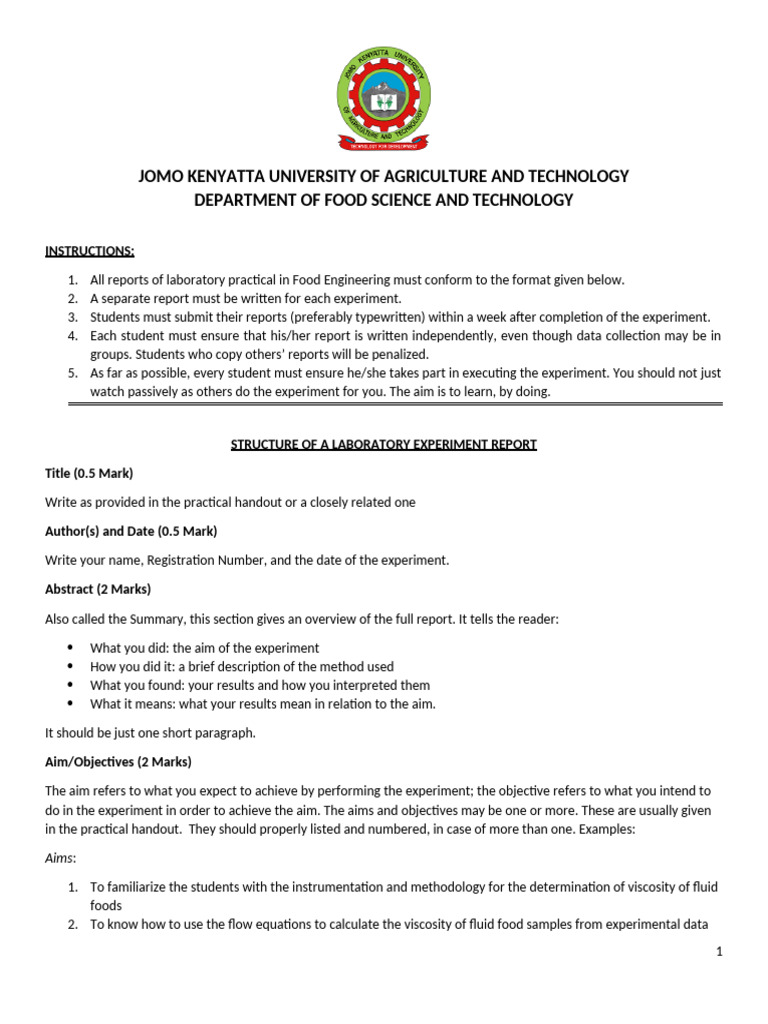 STRUCTURE OF A LABORATORY EXPERIMENT REPORT - WITH MARKS | PDF ...