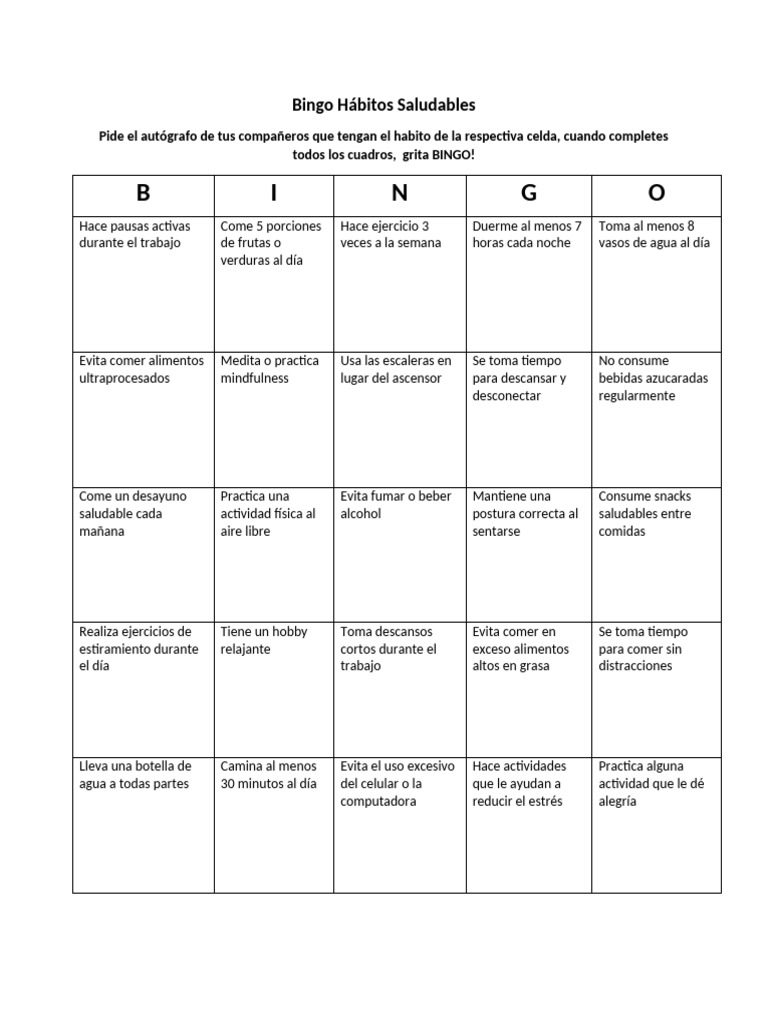 Bingo Hábitos Saludables | PDF