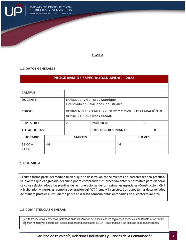 L-V Silabo Pea 2023 Regimenes Especiales | PDF | Evaluación | Enseñando