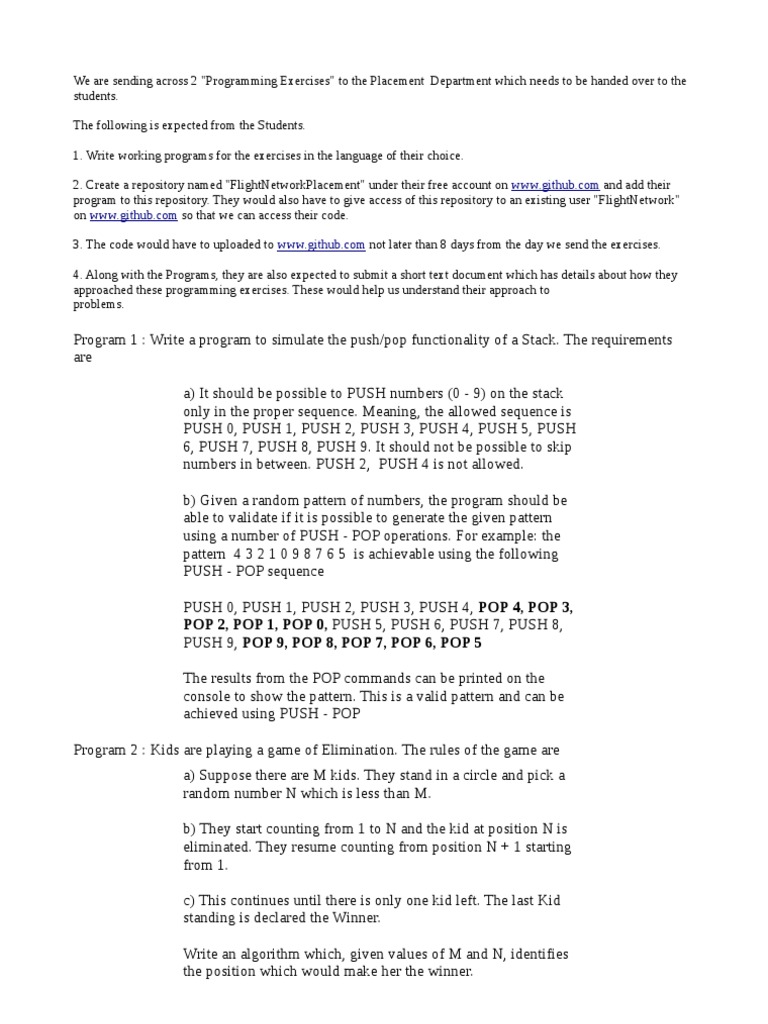 Programming Exercises for Placement Students | PDF