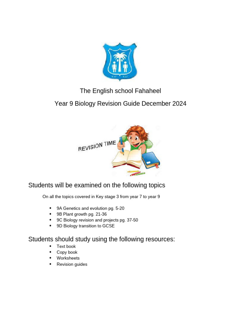Year 9 Biology Revision Guide 2024 | PDF