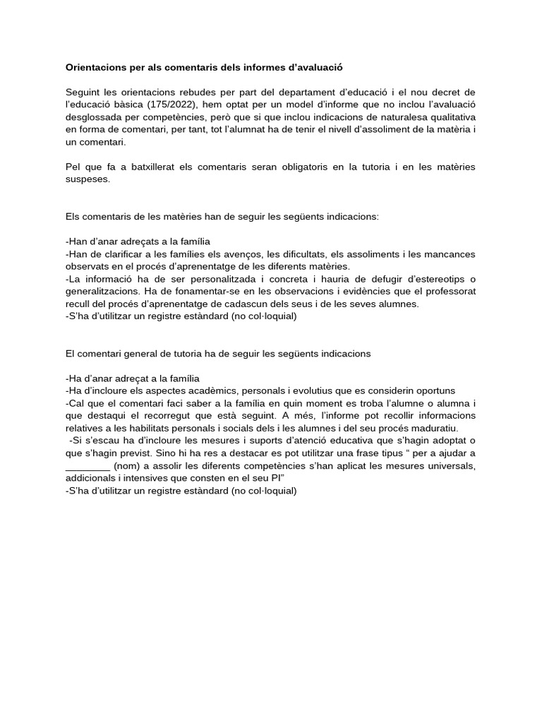 Orientacions Per Als Comentaris Dels Informes D'avaluació | PDF