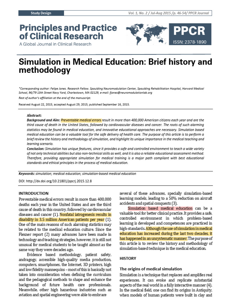 Simulation in Medical Education Brief History and Methodology | PDF ...