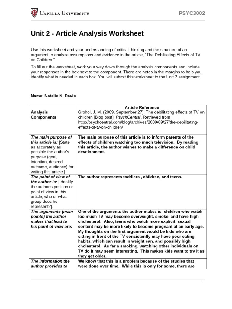 Article Analysis Worksheet 1 Unit | PDF | Behavioural Sciences