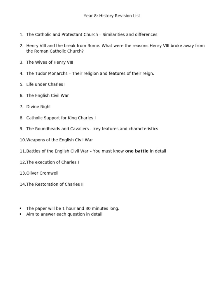 Year 8 Revision List Summer Exams | PDF