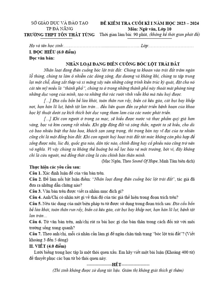 Ôn tập lớp 10 CK1 | PDF