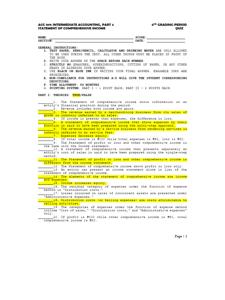 ACC-109 P2-QUIZ - Statement-OF - Comprehensive - Income | PDF | Expense | Income Statement