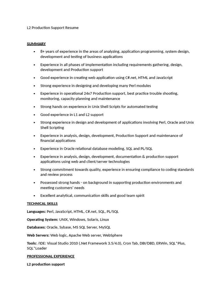 L2 Production Support Resume Sample | PDF | Scripting Language | Perl