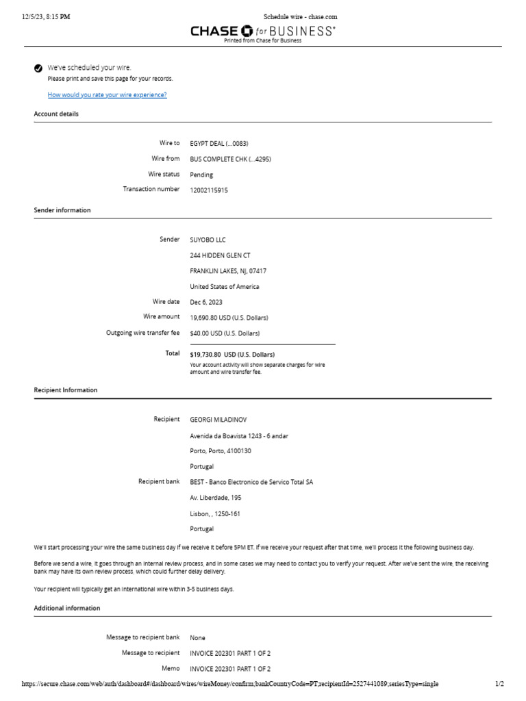 1ST PAYMENTSchedule Wire - Chase.com 2 | PDF | Chase Bank | Banks Of ...