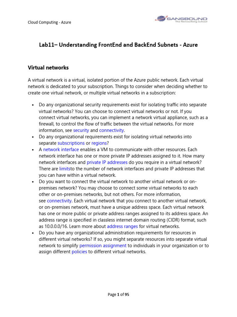 Lab11 Understanding Frontend And Backend Subnets Azure Pdf Computer Network Microsoft
