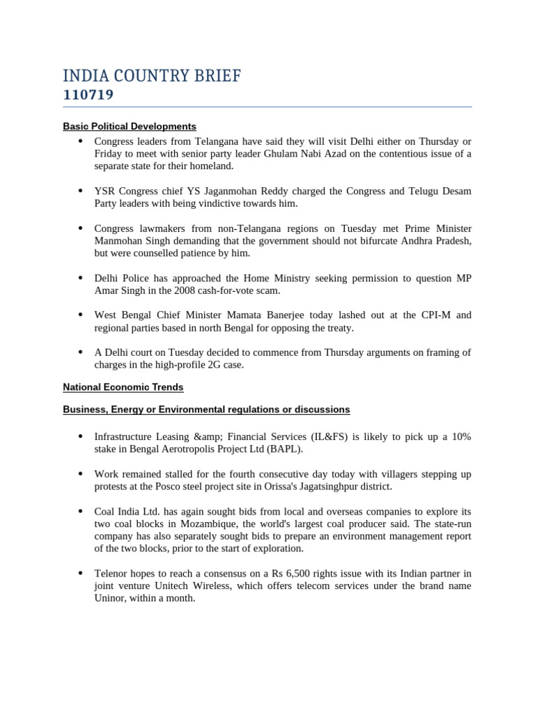 India Country Brief 110719 | PDF