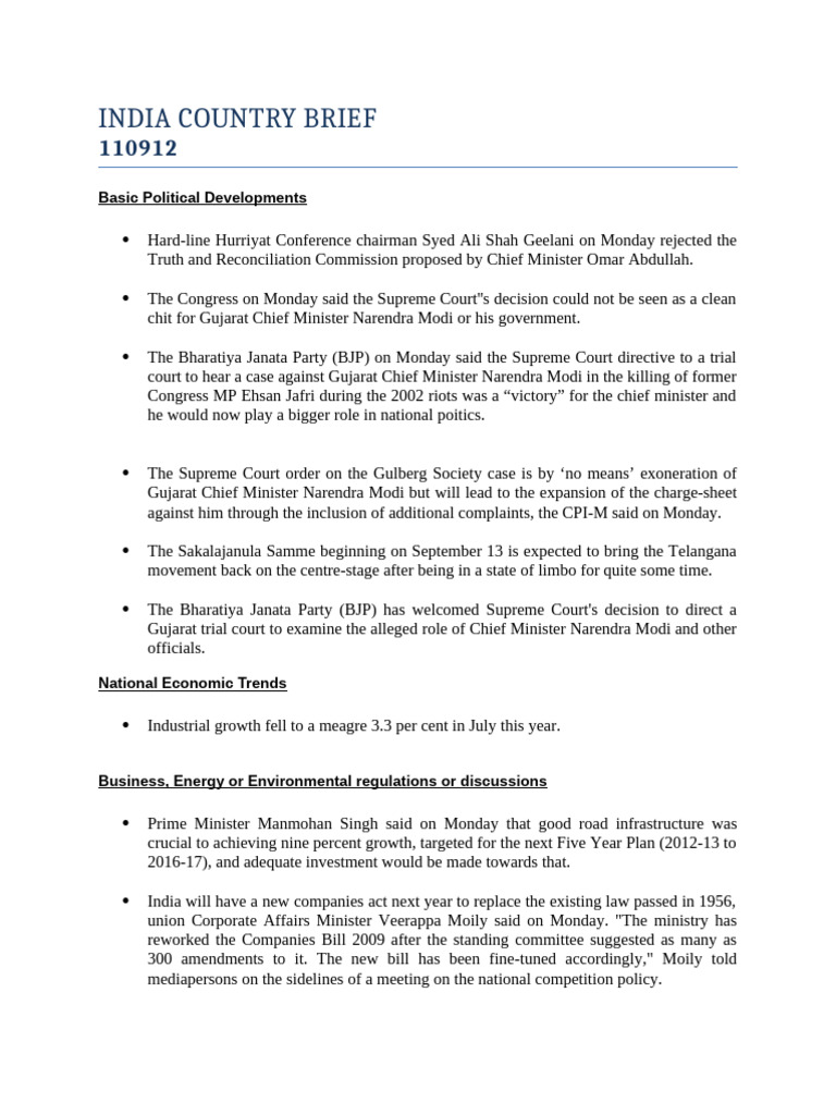 India Country Brief 110912 | PDF | Narendra Modi
