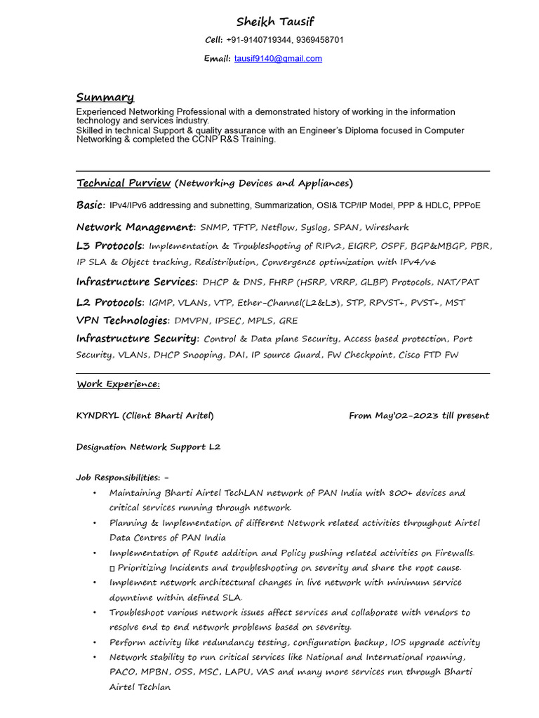 Tausif CV | PDF | Computer Network | Virtual Private Network