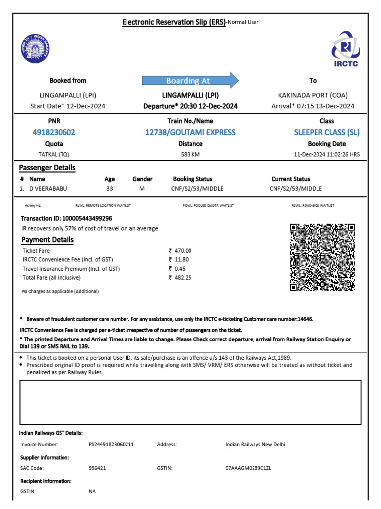Electronic Reservation Slip for Train Travel | PDF | Identity Document ...