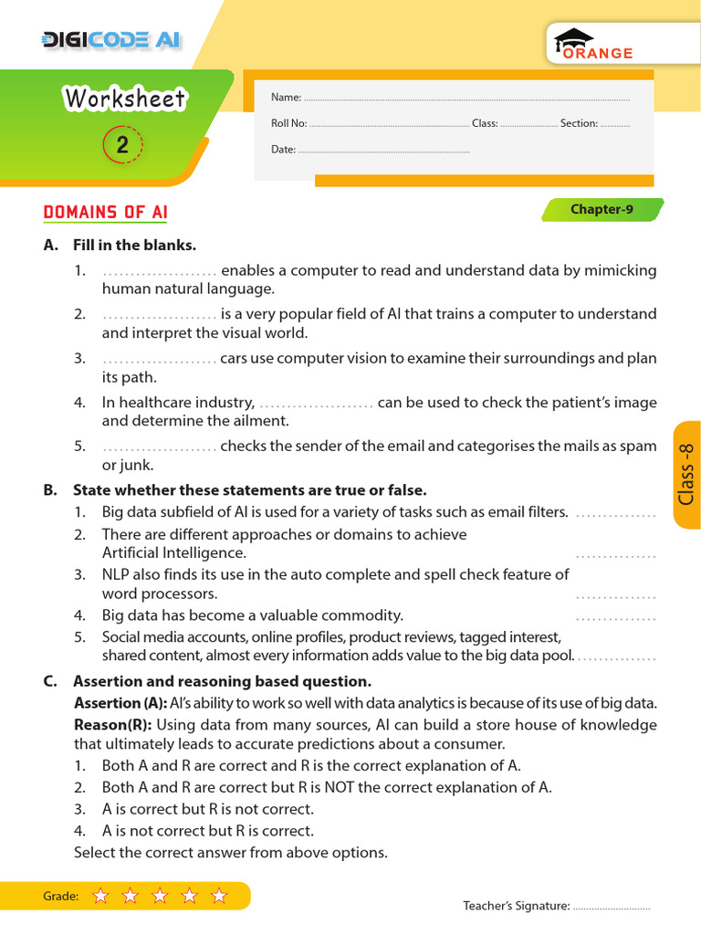 AI Domains Worksheet for Class 8 | PDF | Artificial Intelligence ...