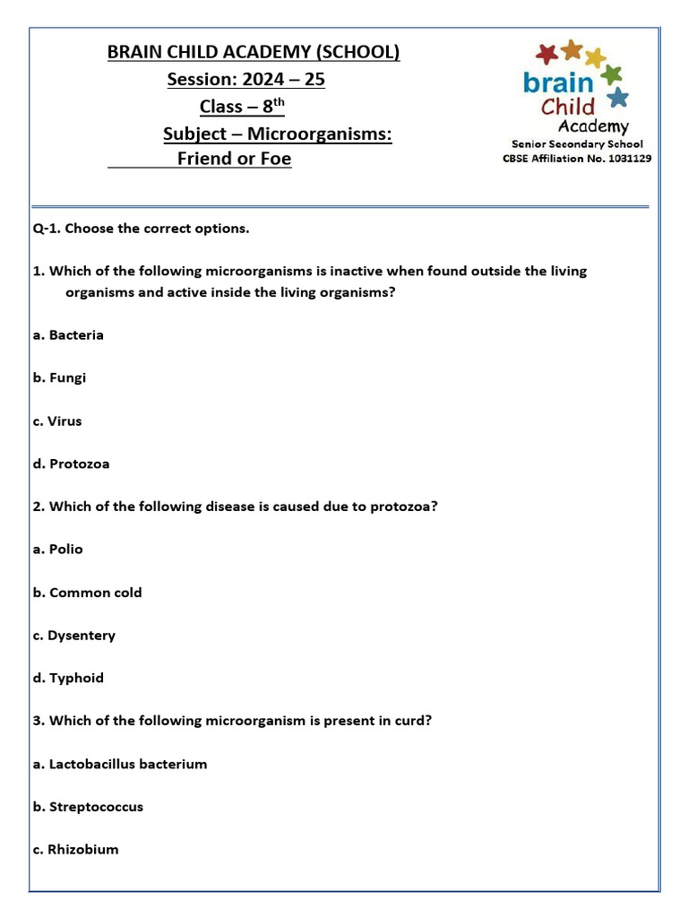 Practice Sheet Class - 8th Chapter - 2 - Microorganisms Friend or Foe | PDF