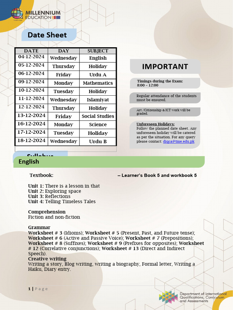 Grade 5 Date Sheet & Syllabus First Term Examination December 2024 | PDF | Linguistics