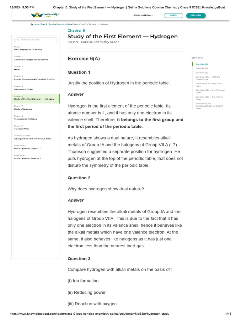 Study of The First Element Hydrogen Chemistry Note Book | PDF ...