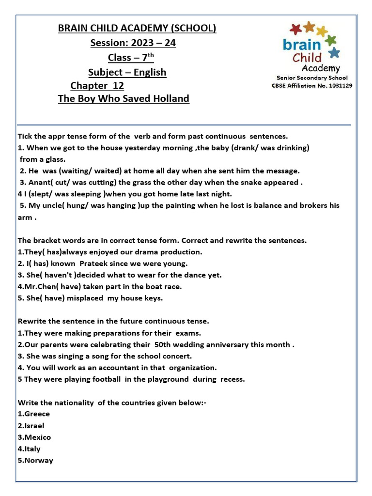Class 7th English Chapter 12 Practice Sheet | PDF