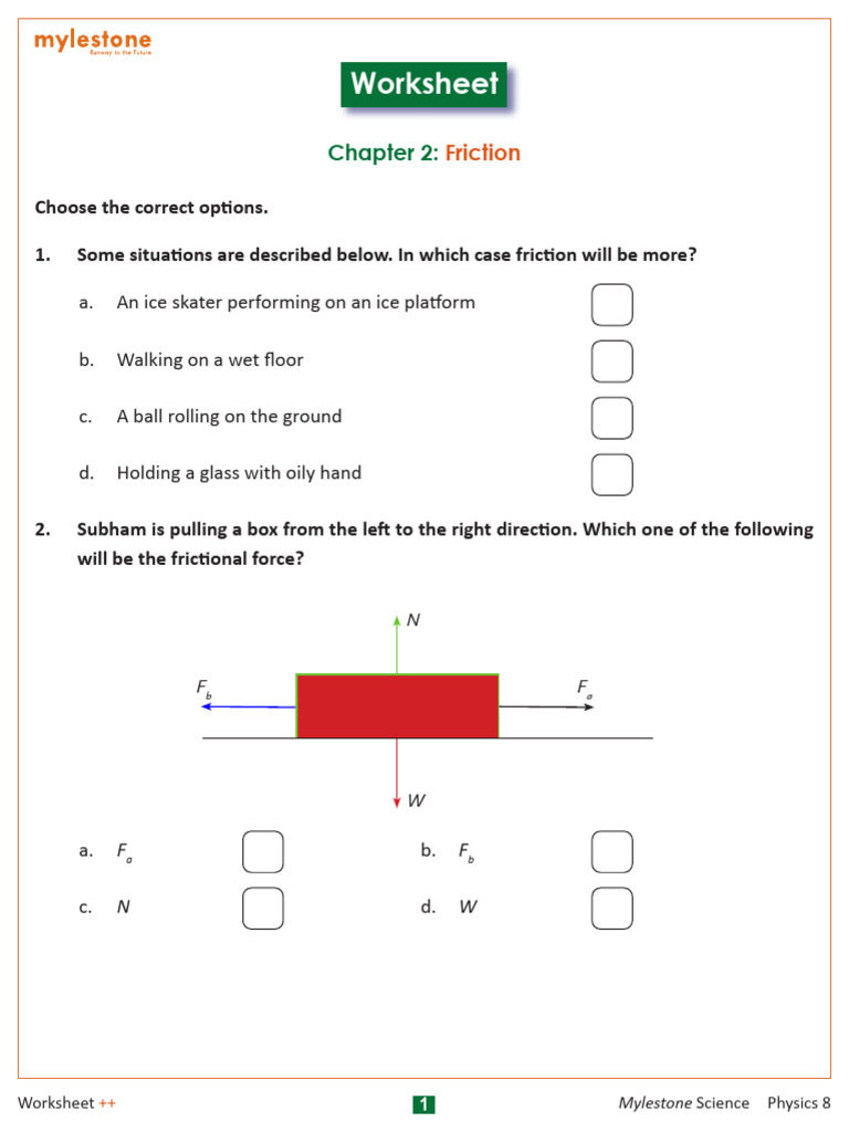 Class 8 Physics: Friction MCQ Worksheet | PDF | Friction | Force