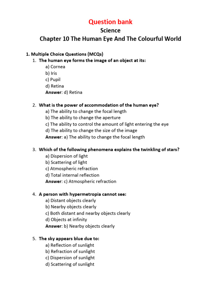 Class 10th Science Question Bank Chapter 10 The Human Eye and The | PDF ...