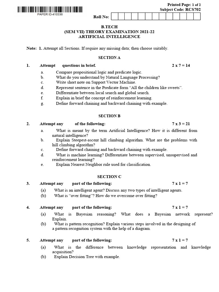 Btech Cs 7 Sem Artificial Intelligence rcs702 2022 | PDF | Artificial Intelligence ...