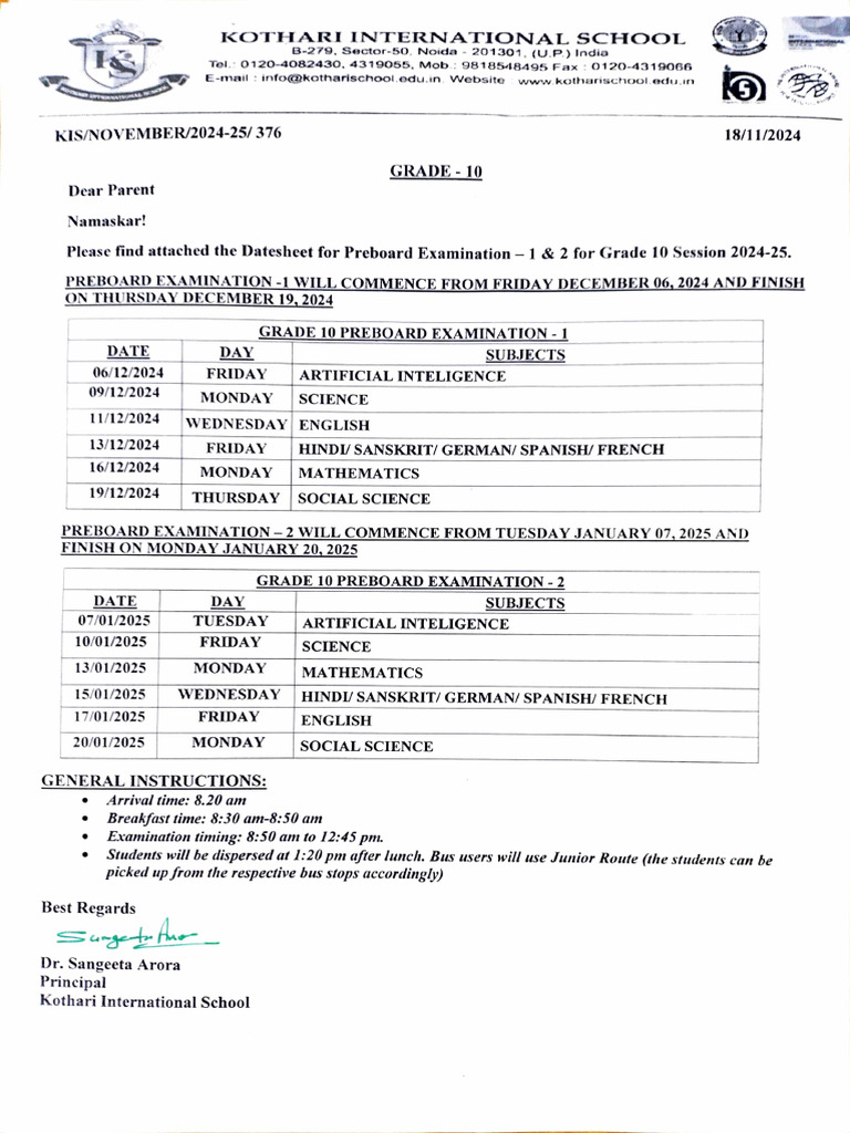 Grade 10 Preboard Exam Datesheet & Syllabus | PDF