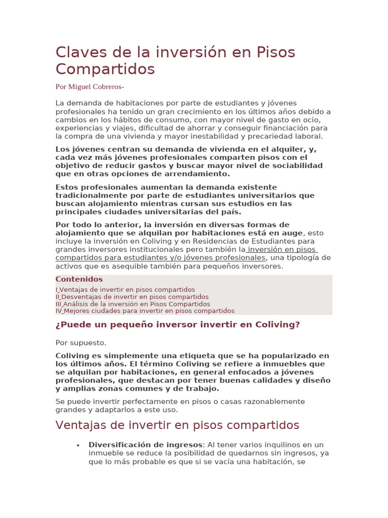 Claves Inversión Pisos Compartidos COLIVING | PDF | Inversiones | Bienes raíces