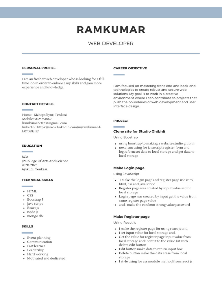 Ramkumar Resume | PDF | Java Script | World Wide Web