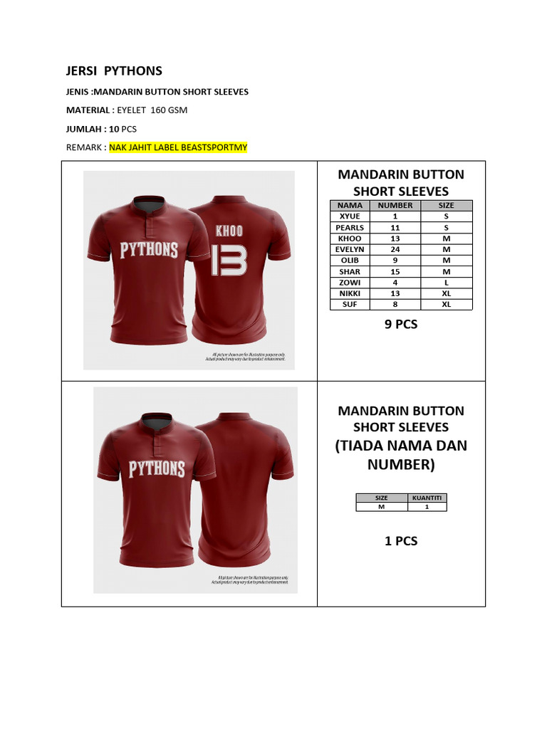 Borang Tempahan Jersi (Pythons) | PDF