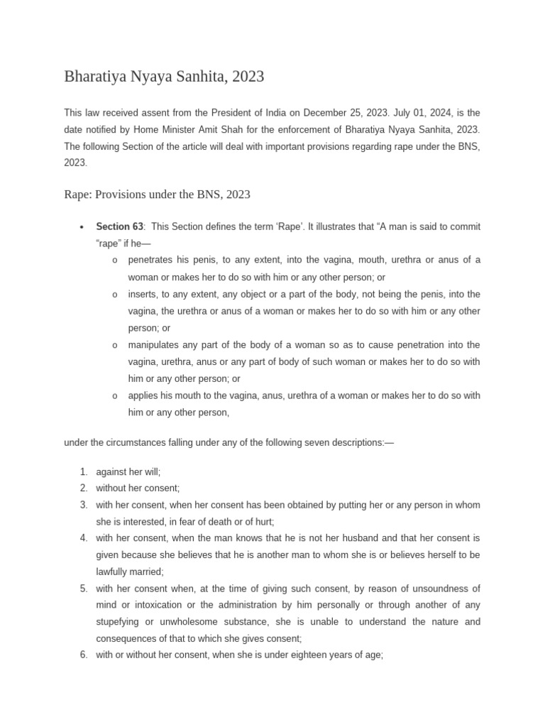 Bharatiya Nyaya Sanhita | PDF | Rape | Crimes Bharatiya Nyaya Sanhita | PDF | Rape | Crimes