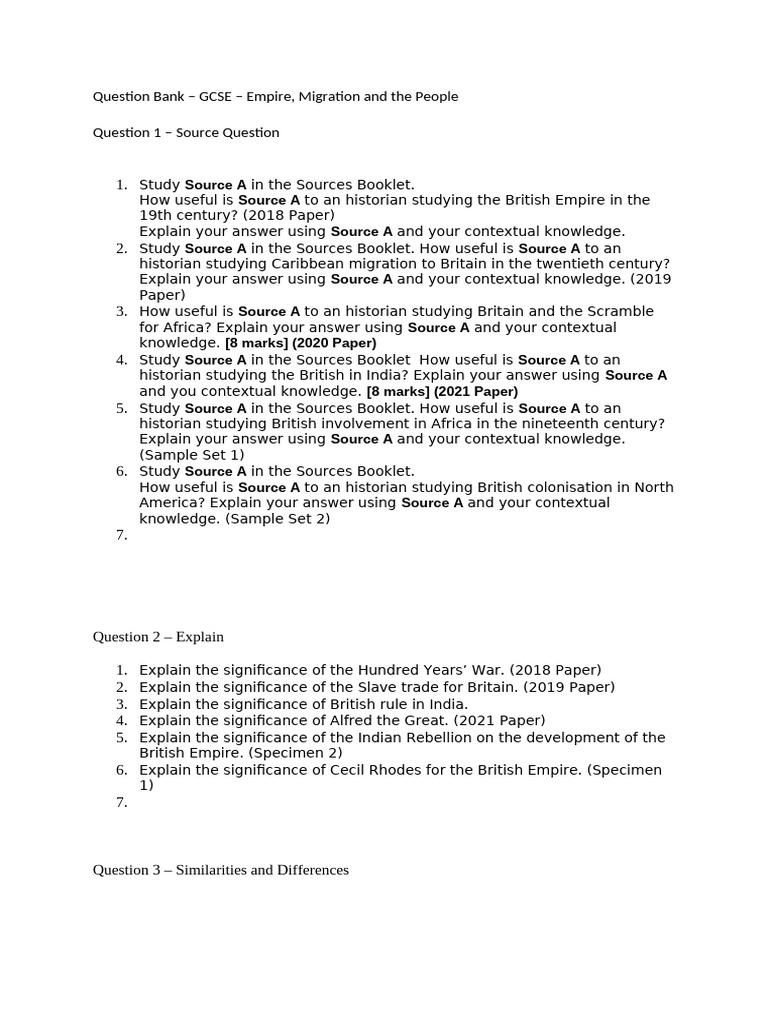 GCSE Migration Question Bank | PDF | British Empire