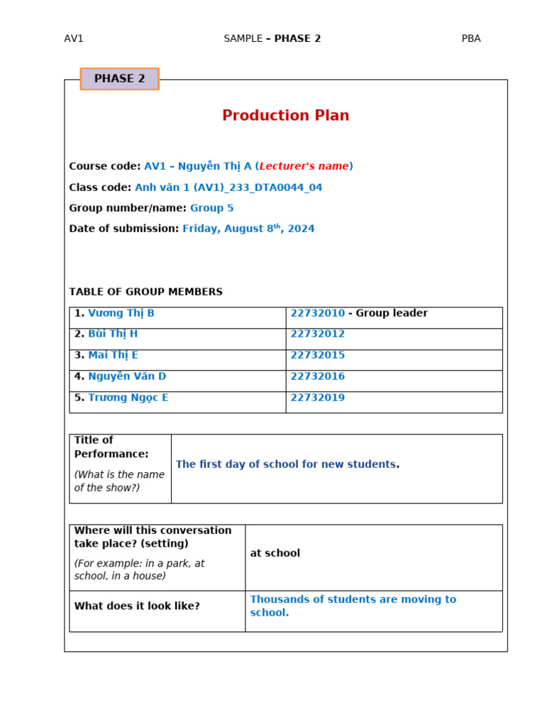 Anh Văn 1 - Sample PBA Manual - PHASE 2 - Production Plan | PDF