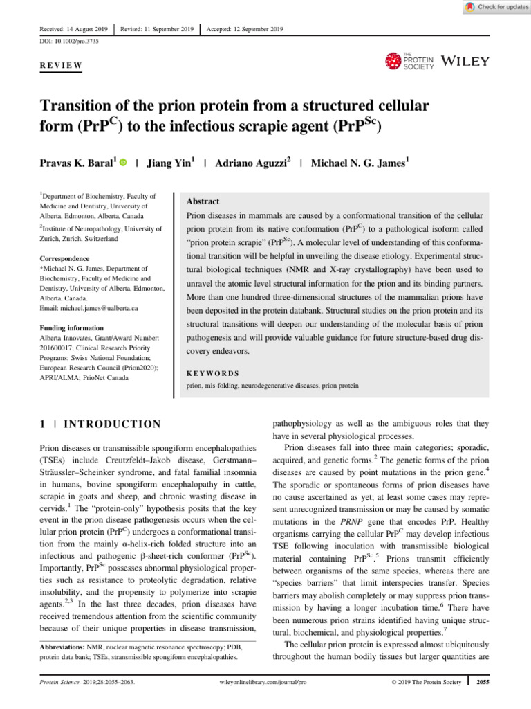Transition of the prion protein from a structured cellular form PrPC to ...