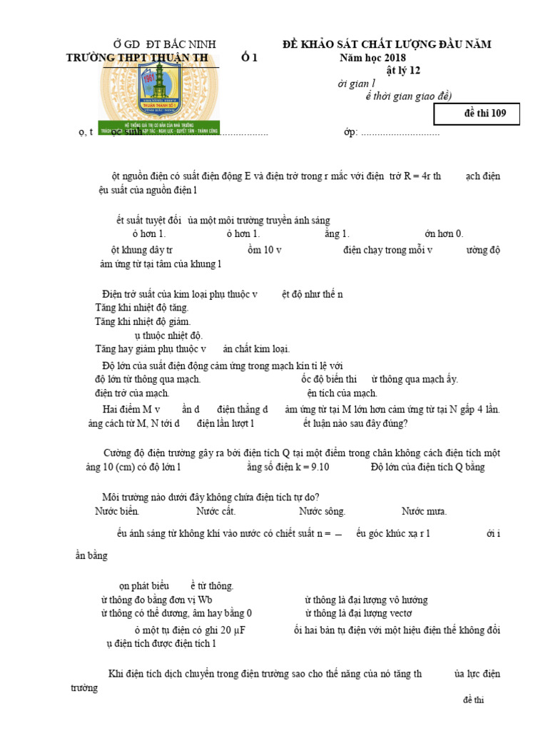 De Khao Sat Chat Luong Dau Nam 2018 2019 Vat Ly 12 Truong Thuan Thanh 1 Bac Ninh | PDF