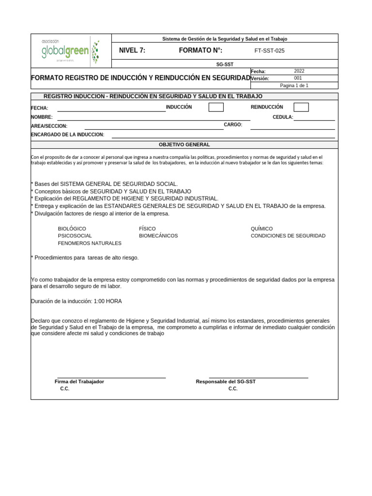 FT-SST-025 Formato de Inducción y Reinducción en SST | PDF | Valores | Business