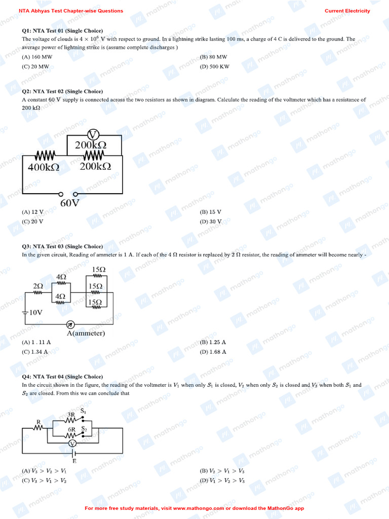 NTA Abhyas Test: Current Electricity Questions | PDF
