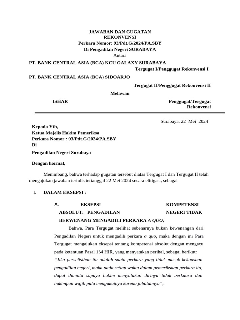 Jawaban Dan Gugatan Rekonvensi-1 | PDF