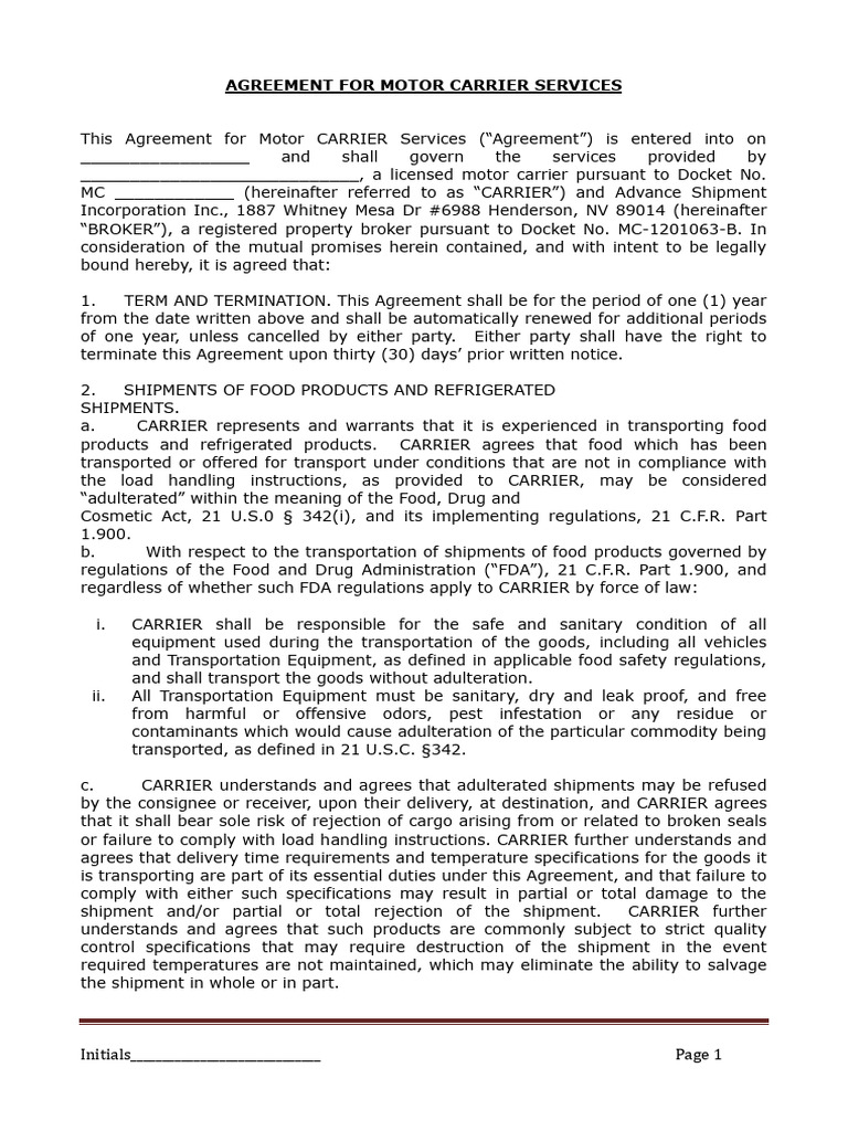 Agreement For Motor Carrier Services - Updated (1) 1 1 | PDF ...