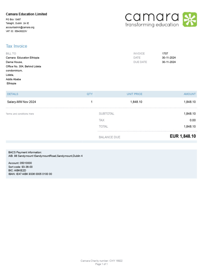 Invoice 1707 From Camara Education Limited | PDF