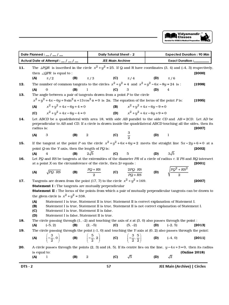 Circle JEE Archive DTS -2 | PDF | Circle | Perpendicular Circle JEE Archive DTS -2 | PDF | Circle | Perpendicular