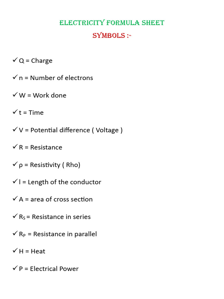 Electricity Formula Sheet 1 (1) | PDF